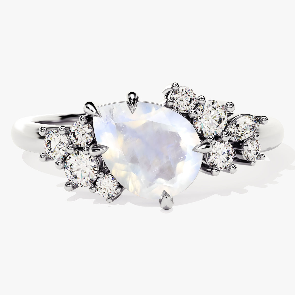 Pear Moonstone Engagement Ring with Round Moissanite Cluster – Moisora